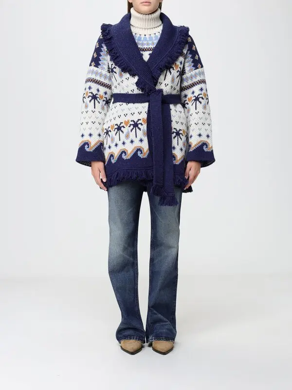 Alanui Jacquard Virgin Wool Cardigan With Shawl Collar, Fringes And Belt
