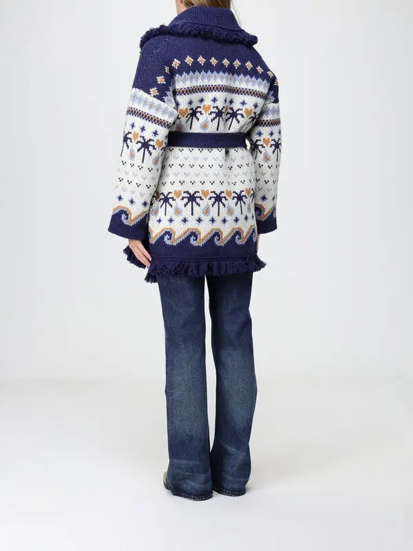 Alanui Jacquard Virgin Wool Cardigan With Shawl Collar, Fringes And Belt