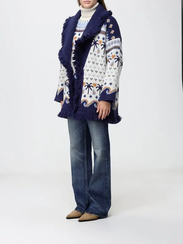 Alanui Jacquard Virgin Wool Cardigan With Shawl Collar, Fringes And Belt