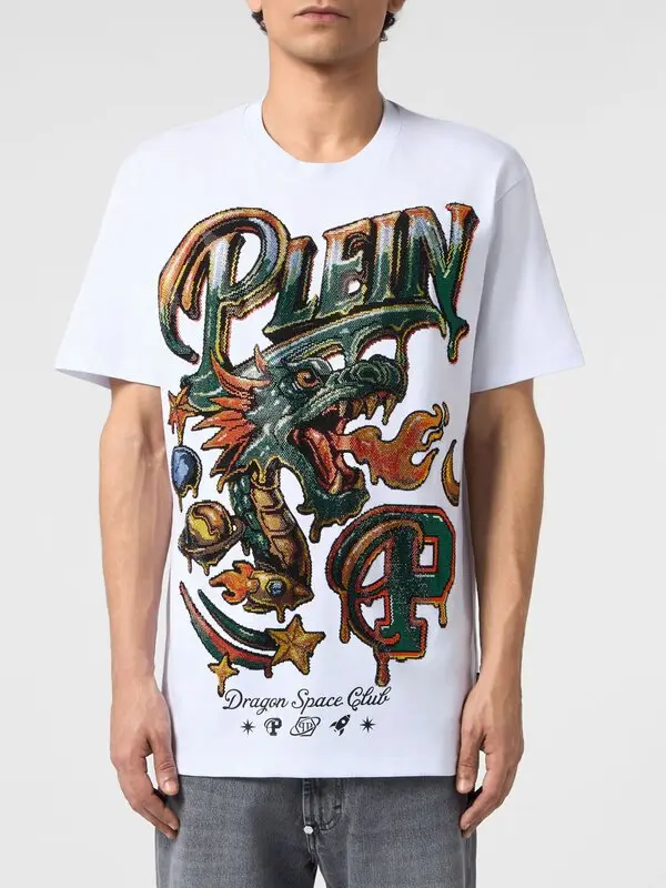 Philipp Plein Cotton T-shirt With Graphic Print And Rhinestones