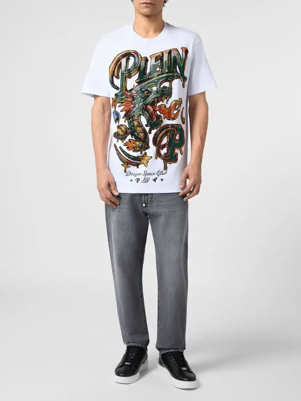 Philipp Plein Cotton T-shirt With Graphic Print And Rhinestones