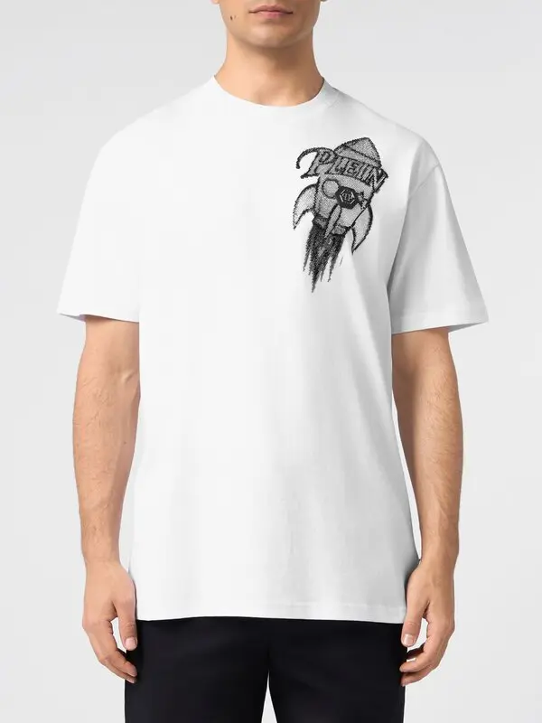 Philipp Plein Crew-neck Cotton T-shirt With Graphic Print And Rhinestones - White