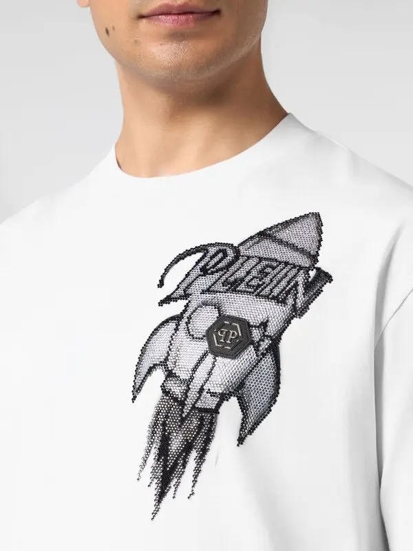 Philipp Plein Crew-neck Cotton T-shirt With Graphic Print And Rhinestones - White