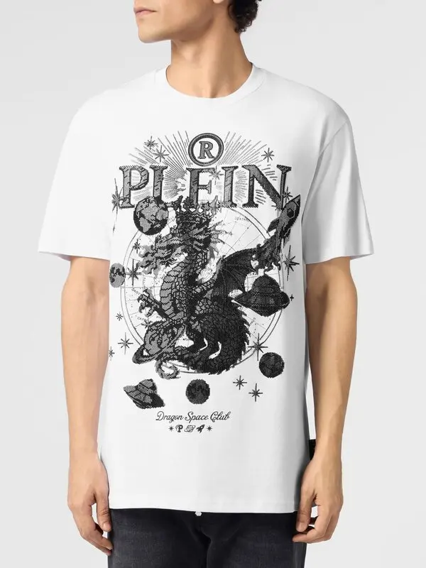 Philipp Plein Crew Neck Cotton T-shirt With Embroidered Graphic And Rhinestones - White