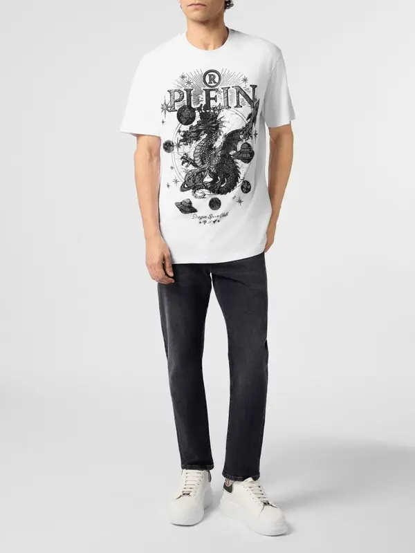 Philipp Plein Crew Neck Cotton T-shirt With Embroidered Graphic And Rhinestones - White
