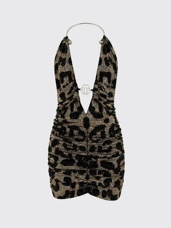 Philipp Plein Animal Print Jersey Mini Dress With Draping And Off-shoulder Design