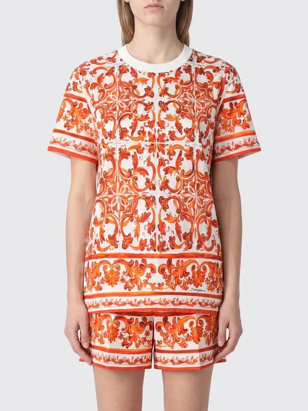 Dolce & Gabbana Majolica Print Cotton T-shirt With Contrast Logo