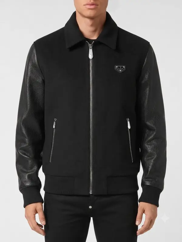 Philipp Plein Smooth Lambskin Leather Bomber Jacket With Classic Collar