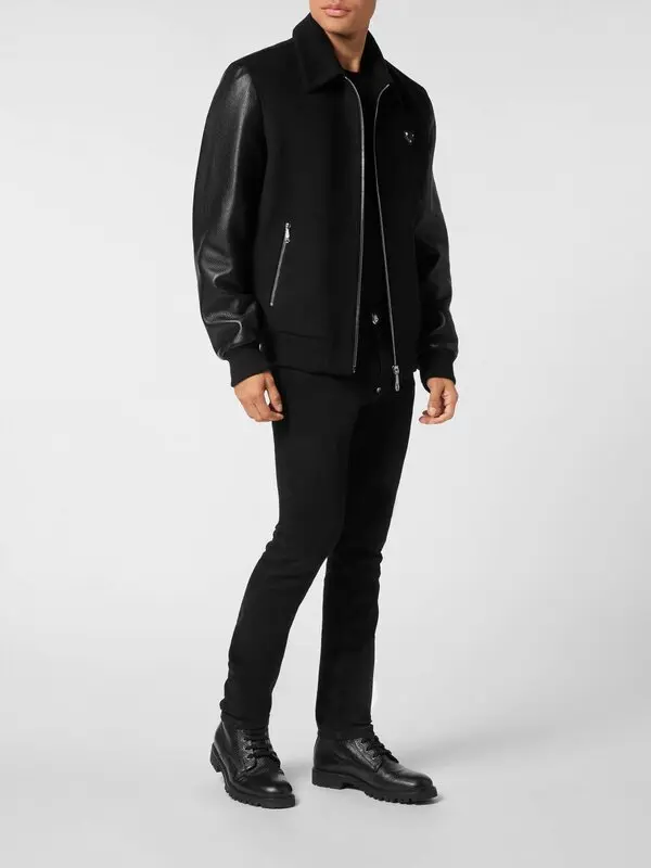 Philipp Plein Smooth Lambskin Leather Bomber Jacket With Classic Collar