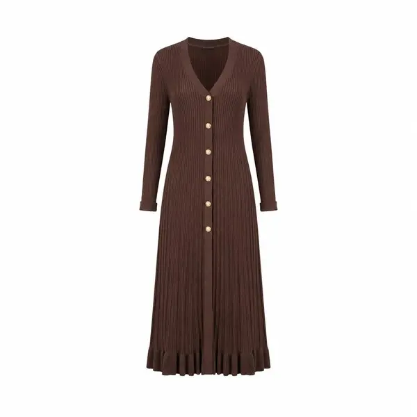 YUMI Viscose Knitted Midi Ribbed Dress - Brown