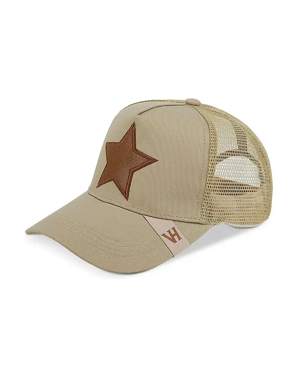 Vintage Havana Cracked Leather Star Trucker Hat - Khaki