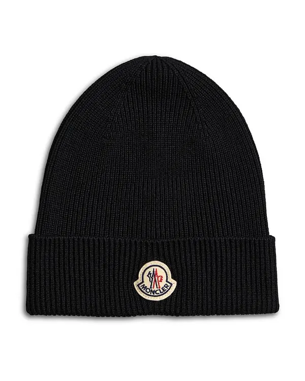 Moncler Logo Ribbed Beanie Hat - Black