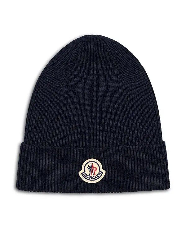 Moncler Logo Ribbed Beanie Hat - Navy