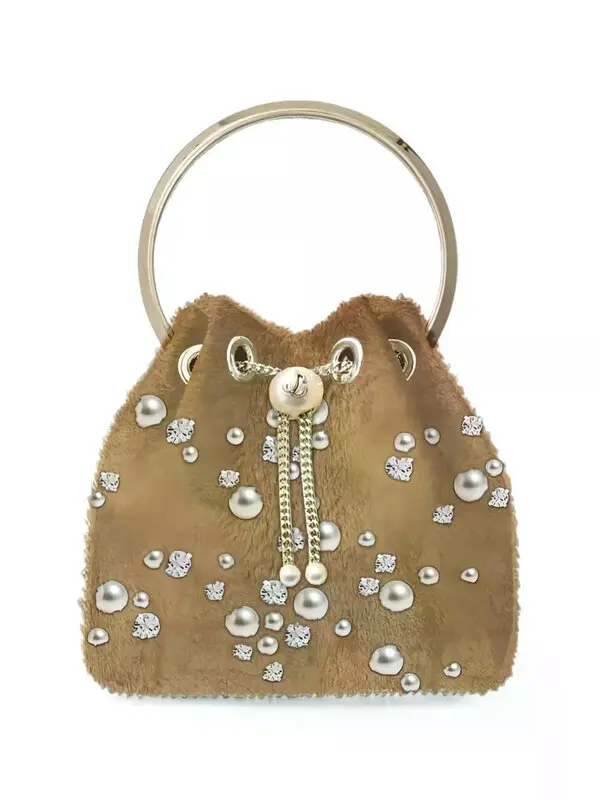 JIMMY CHOO Bon Bon Shearling Faux-pearl Embellished Bucket Bag
