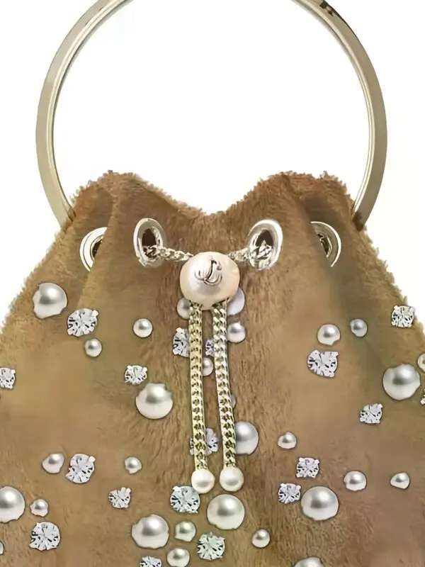 JIMMY CHOO Bon Bon Shearling Faux-pearl Embellished Bucket Bag