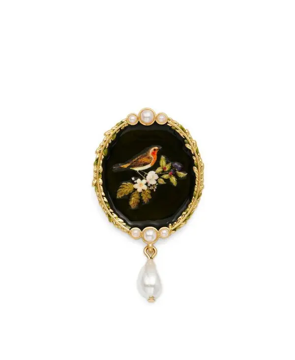 FABLE ENGLAND Robin Bramble And Pearl Brooch In Gold - Green