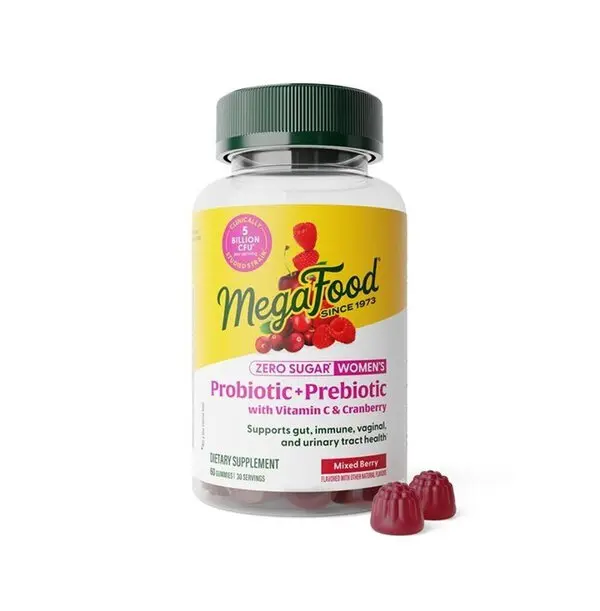 MEGAFOOD Probiotic + Prebiotic Zero Sugar Gummies Vitamin C And Cranberry 60 Mixed Berry Gummies - No Color