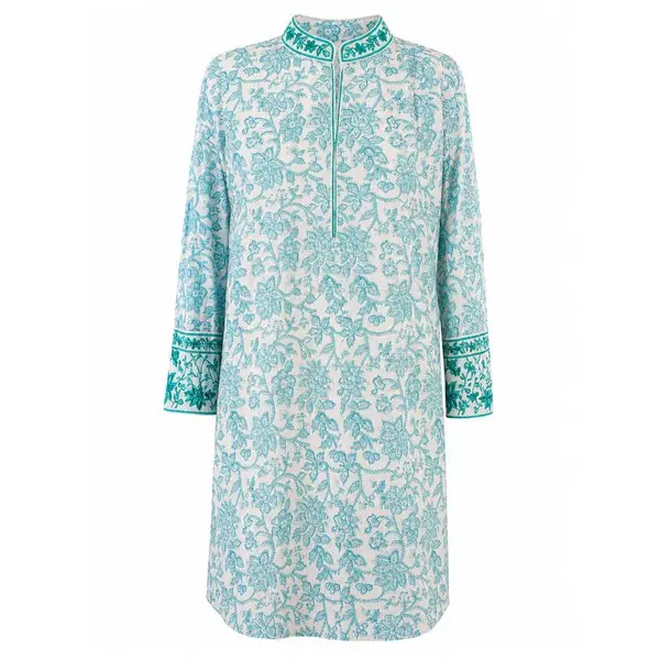 KAMINEE Turquoise Floral Block Print Linen Kaftan Lagoon