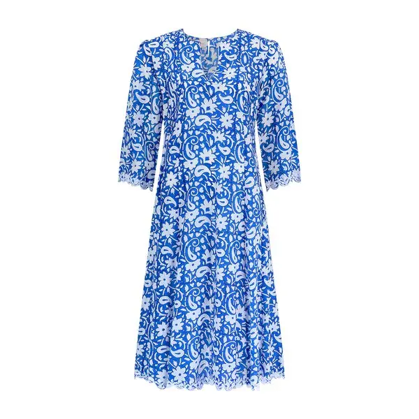 KAMINEE Hand Block Print Cotton Silk Dress Crete - Blue