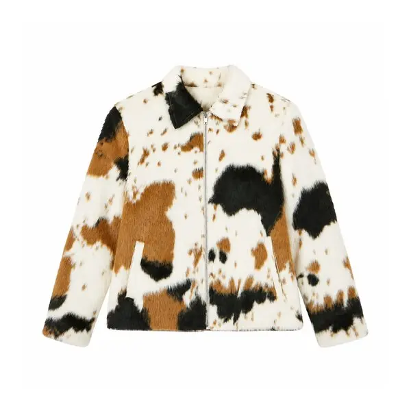 YUMI Cow Print Faux Fur Zip Jacket
