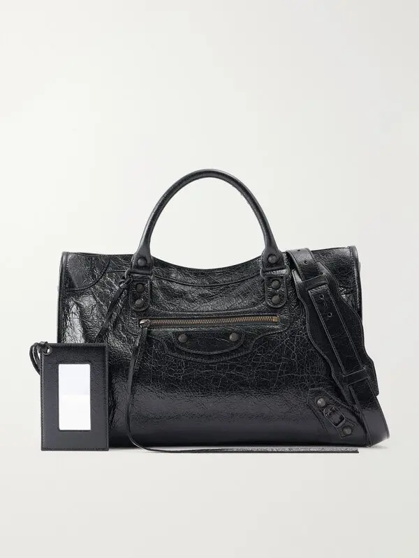 Balenciaga Le City Medium Embellished Crinkled-leather Shoulder Bag - Black