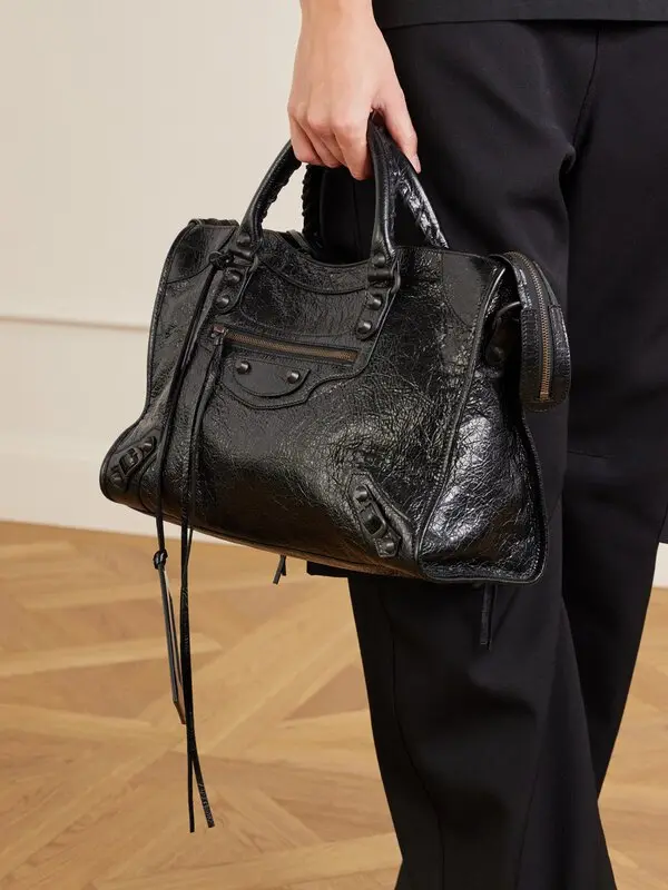 Balenciaga Le City Medium Embellished Crinkled-leather Shoulder Bag - Black