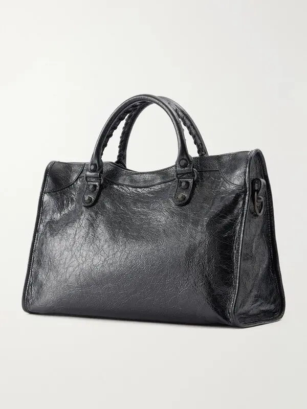 Balenciaga Le City Medium Embellished Crinkled-leather Shoulder Bag - Black