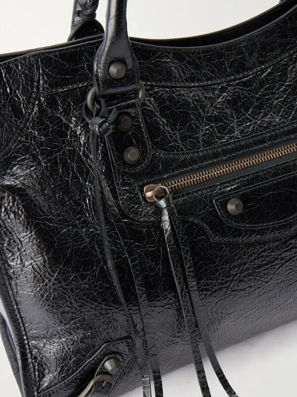 Balenciaga Le City Medium Embellished Crinkled-leather Shoulder Bag - Black