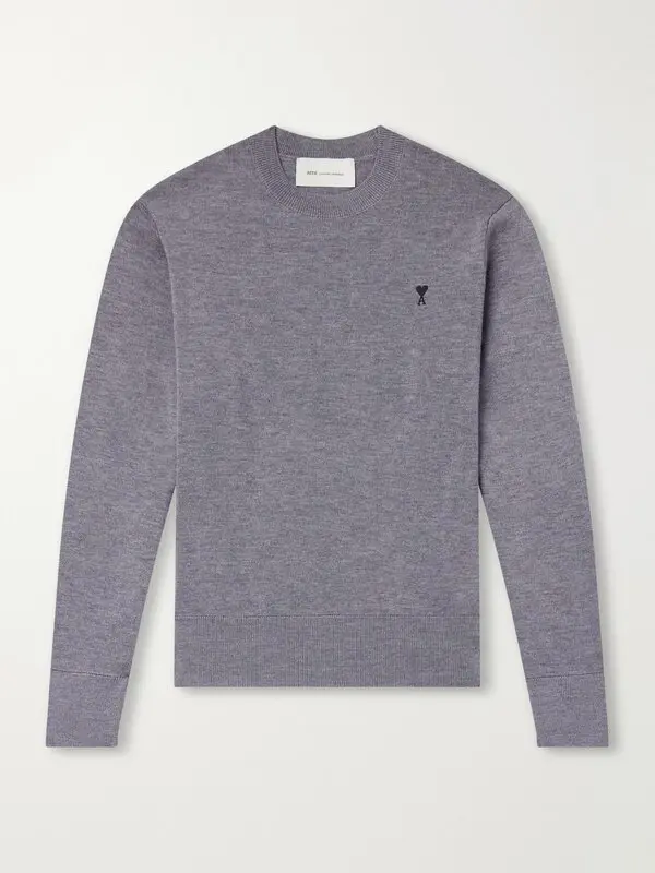 AMI Paris Adc Logo-embroidered Merino Wool Sweater - Gray
