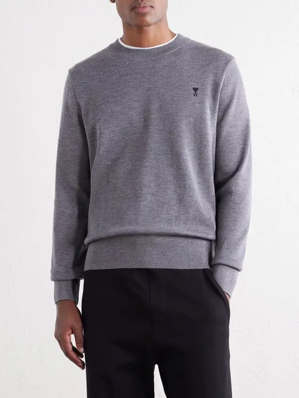 AMI Paris Adc Logo-embroidered Merino Wool Sweater - Gray