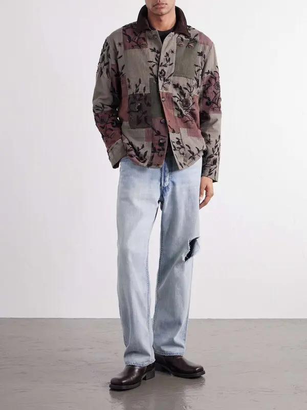 KARTIK RESEARCH Embroidered Patchwork Suede-trimmed Cotton Chore Jacket
