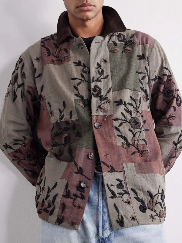 KARTIK RESEARCH Embroidered Patchwork Suede-trimmed Cotton Chore Jacket