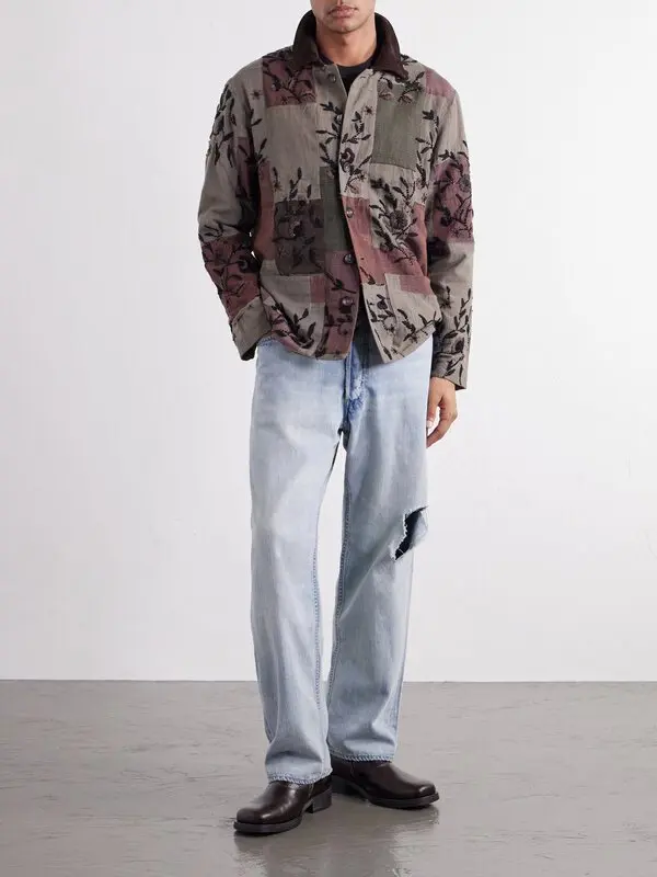 KARTIK RESEARCH Embroidered Patchwork Suede-trimmed Cotton Chore Jacket