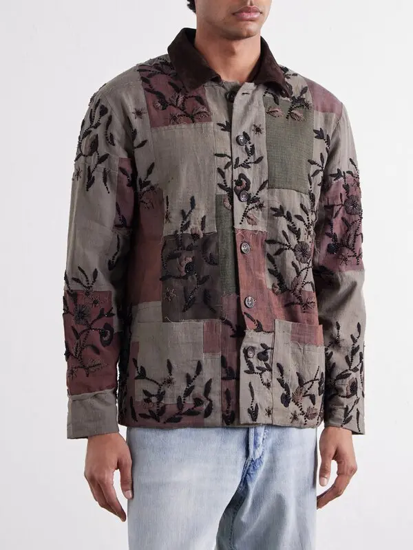 KARTIK RESEARCH Embroidered Patchwork Suede-trimmed Cotton Chore Jacket