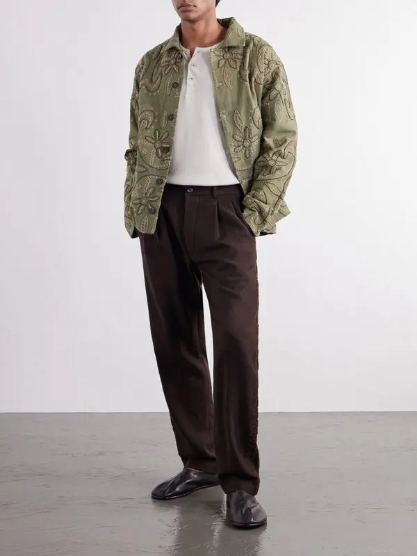 KARTIK RESEARCH Straight-leg Pleated Embroidered Wool-twill Trousers