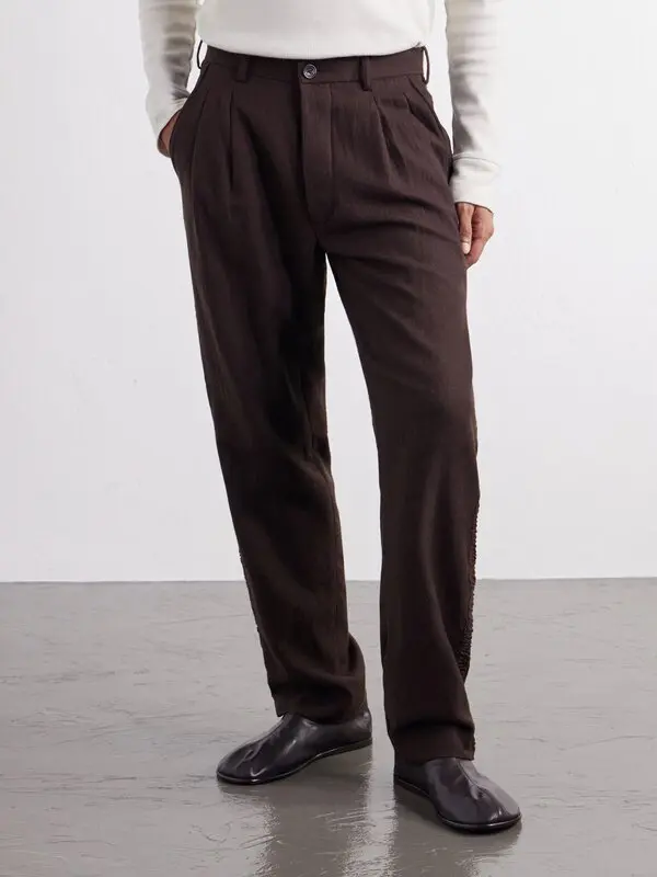 KARTIK RESEARCH Straight-leg Pleated Embroidered Wool-twill Trousers