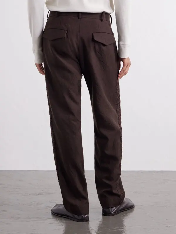 KARTIK RESEARCH Straight-leg Pleated Embroidered Wool-twill Trousers