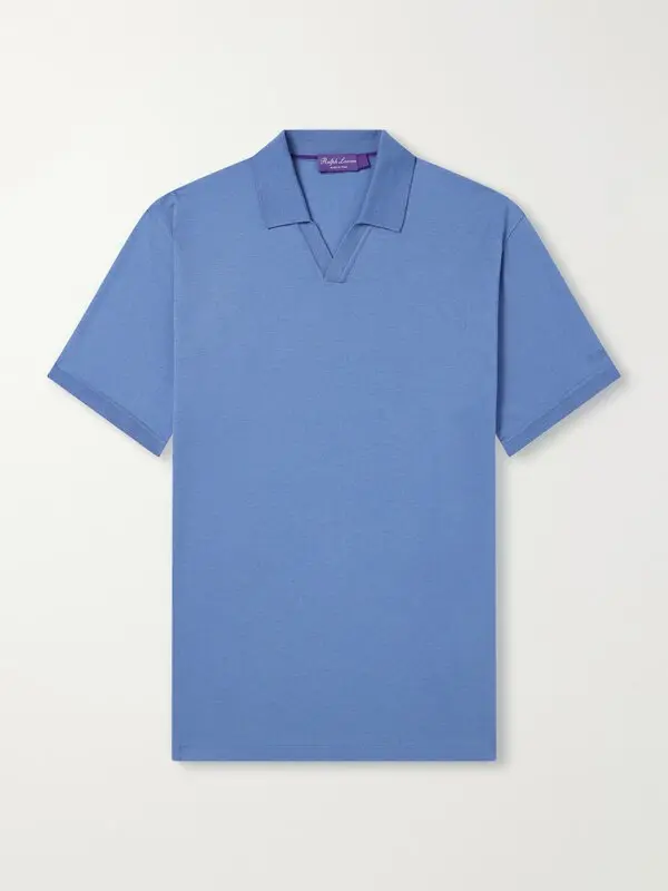 Ralph Lauren Purple Label Johnny-collar Cotton And Cashmere-blend Piqué Polo Shirt - Blue