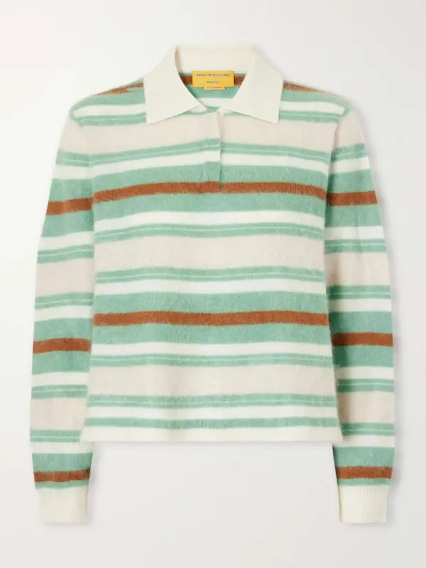 Guest In Residence Grizzly Cropped Striped Brushed Cashmere Polo Sweater - Mint