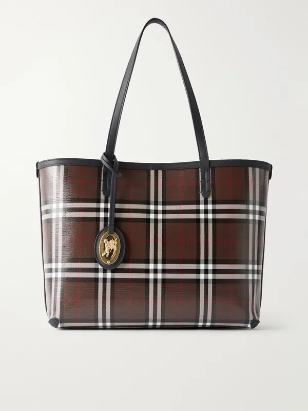Burberry Checked Leather-trimmed Glossy Canvas Tote - Brown