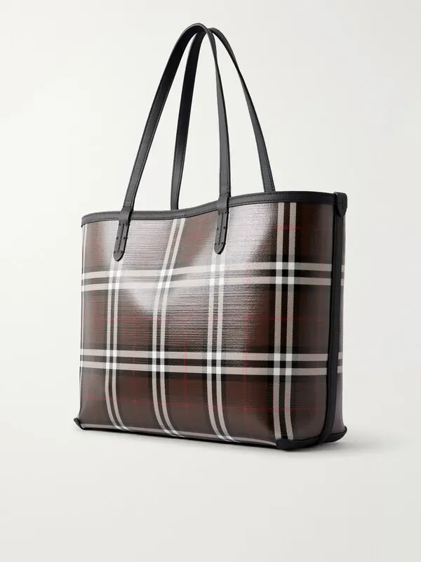 Burberry Checked Leather-trimmed Glossy Canvas Tote - Brown