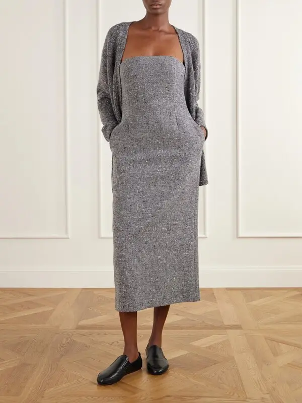 Auralee Strapless Wool-tweed Midi Dress