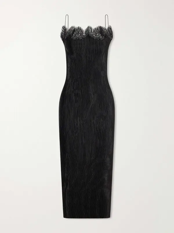 FFORME Lumie Lace-trimmed Pleated Satin Midi Dress - Black