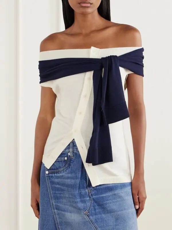 JW Anderson Off-the-shoulder Tie-detailed Asymmetric Wool Tank - Neutrals