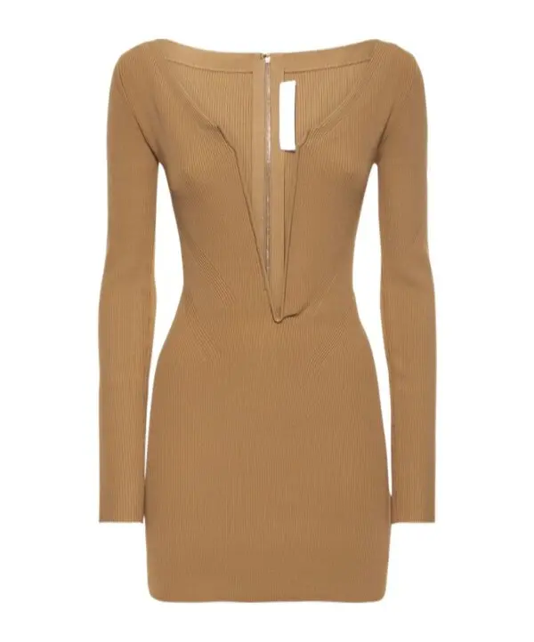 DION LEE Deep V-neck Rib Knit Mini Dress
