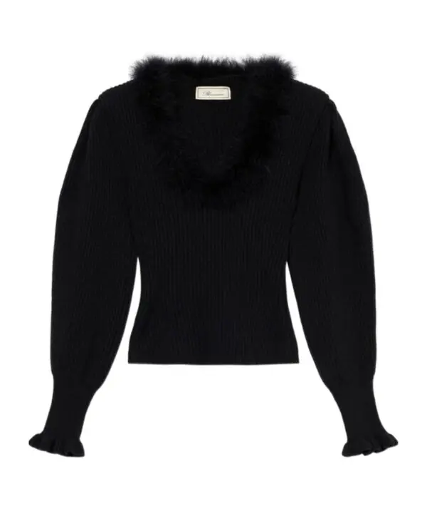 Blumarine Wool Jumper With Fur-trimmed Neckline - Black