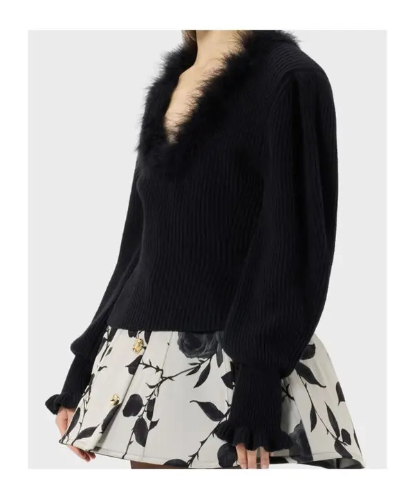 Blumarine Wool Jumper With Fur-trimmed Neckline - Black