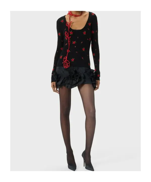 Blumarine Wool Jumper With Rose Embroidery - Black/red