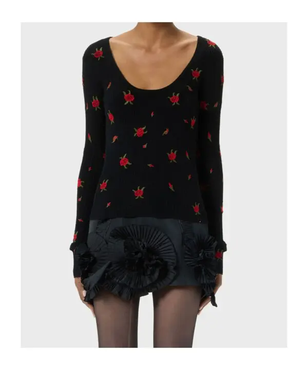 Blumarine Wool Jumper With Rose Embroidery - Black/red