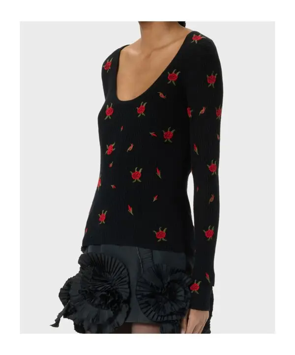 Blumarine Wool Jumper With Rose Embroidery - Black/red